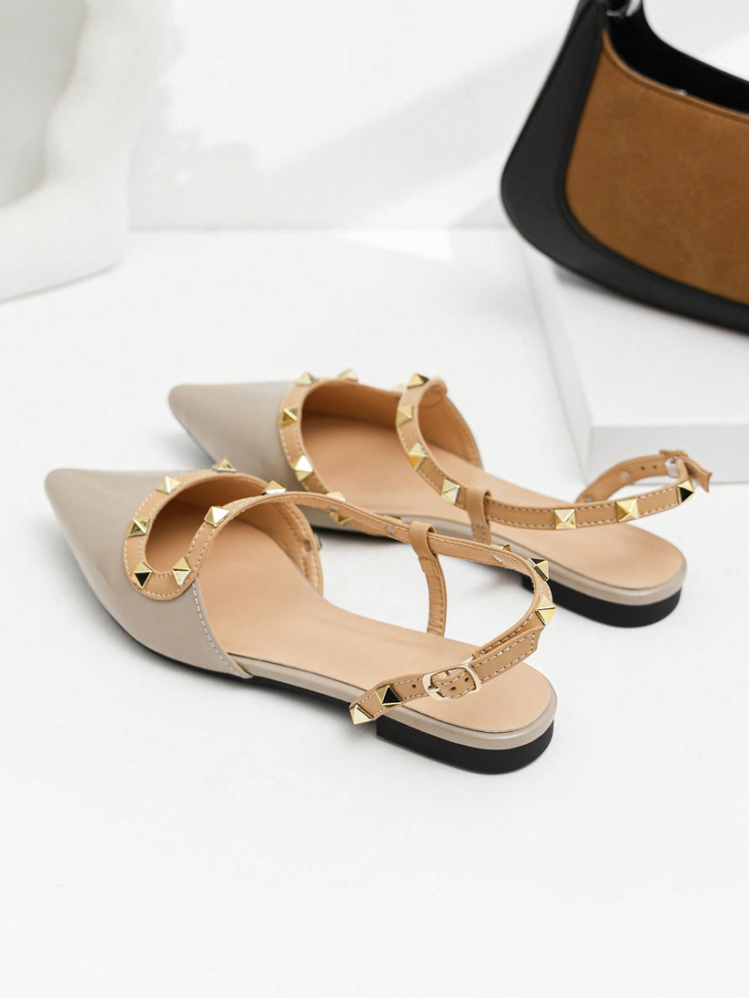 Chic Pointed-Toe Patent Leather Flat Sandals with Rivet Detailing and ...
