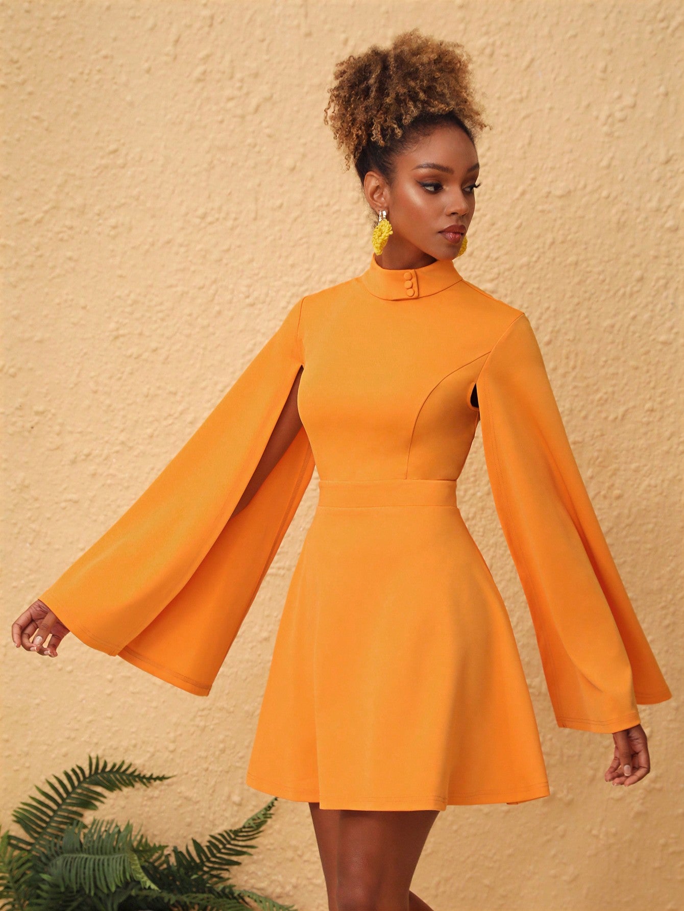 Enchanted Elegance: High Neck Mini Dress with Cloak Sleeves – Canary Houze