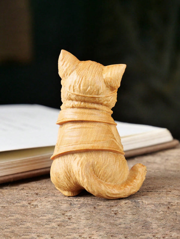 Playful Scholar Cat Figurine: Adorable Miniature Boxwood Carving Cat S