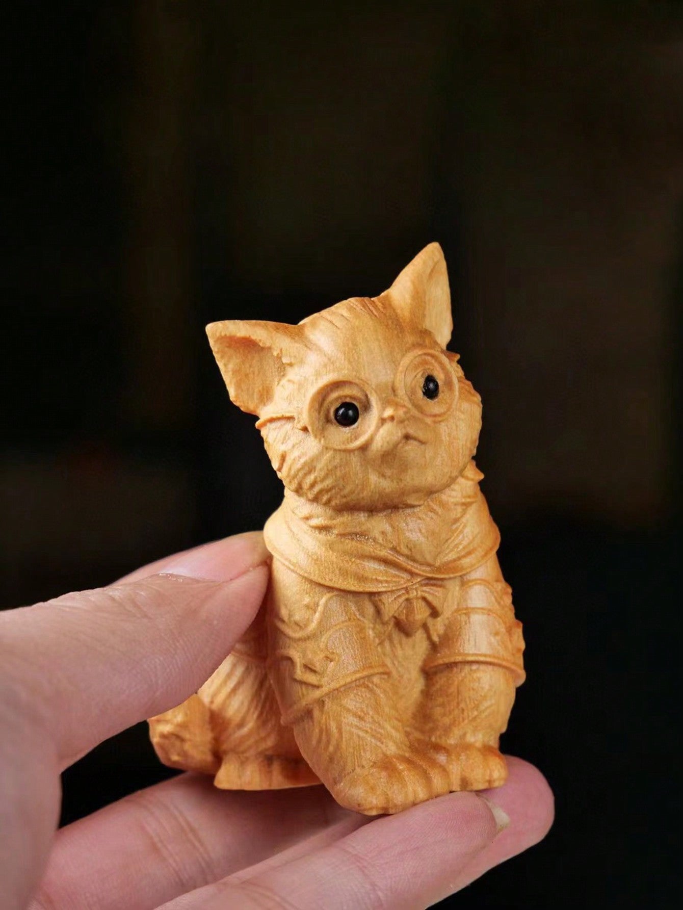 Playful Scholar Cat Figurine: Adorable Miniature Boxwood Carving Cat S ...