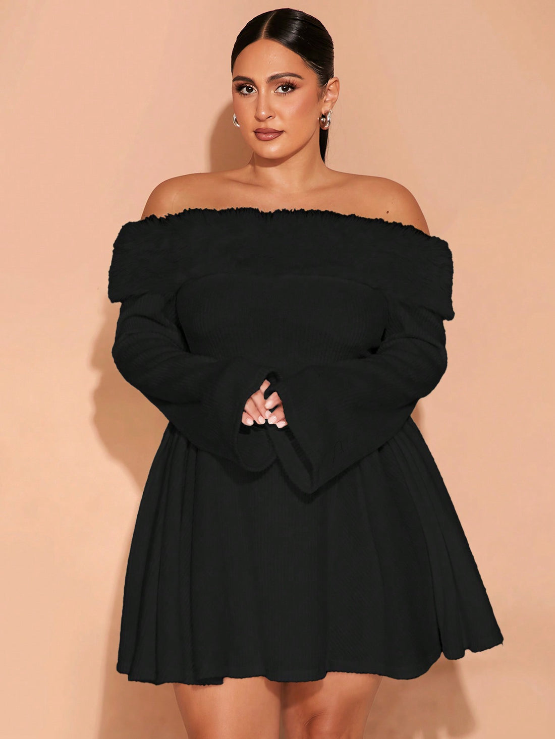 Chic & Cozy: Plus Size Cream Fluffy Trim Ribbed A-Hem Dress for All Oc ...