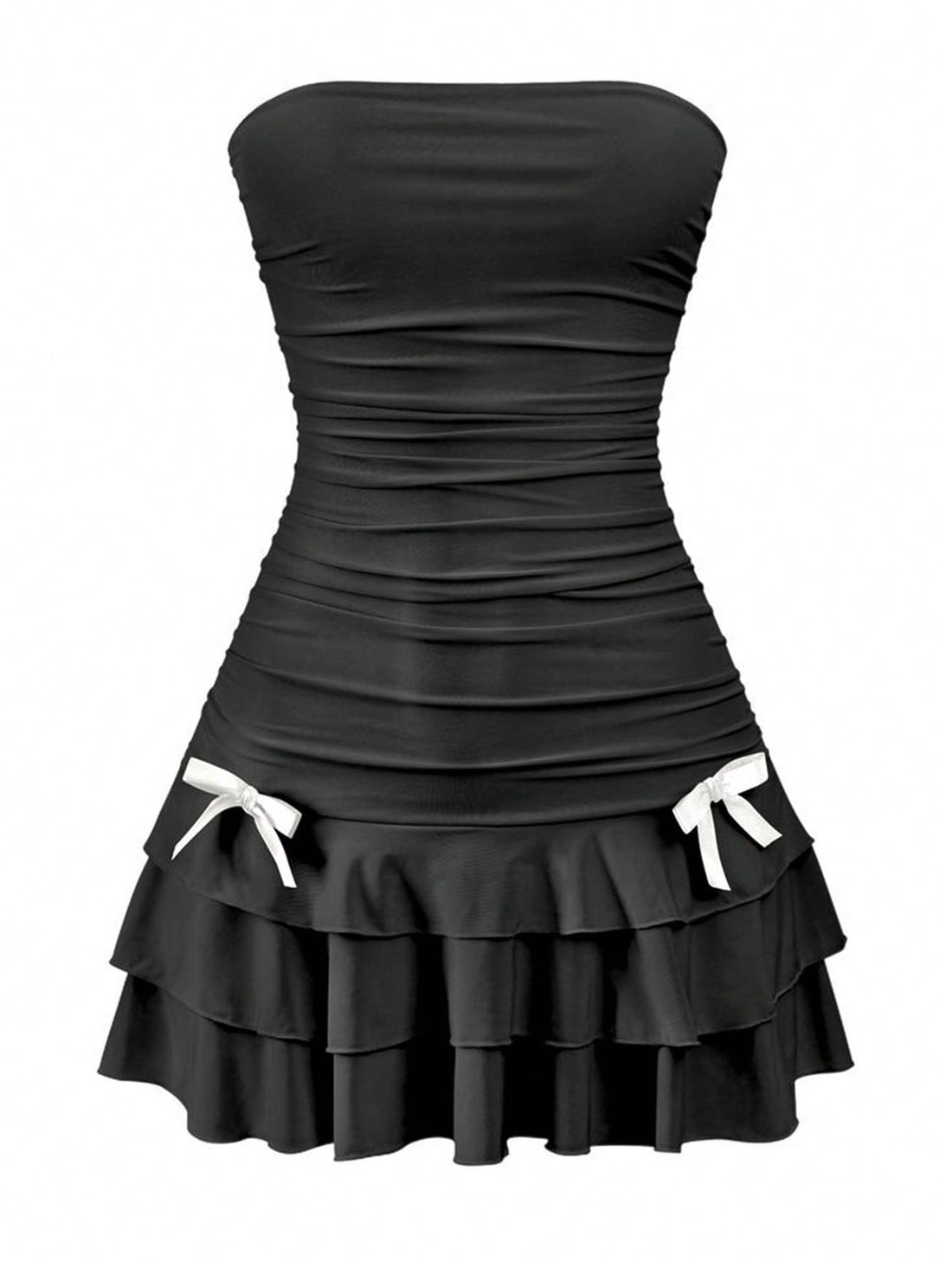 Chic Plus-Size Strapless Pleated Bow Tie Dress - Elegant Black Short D ...