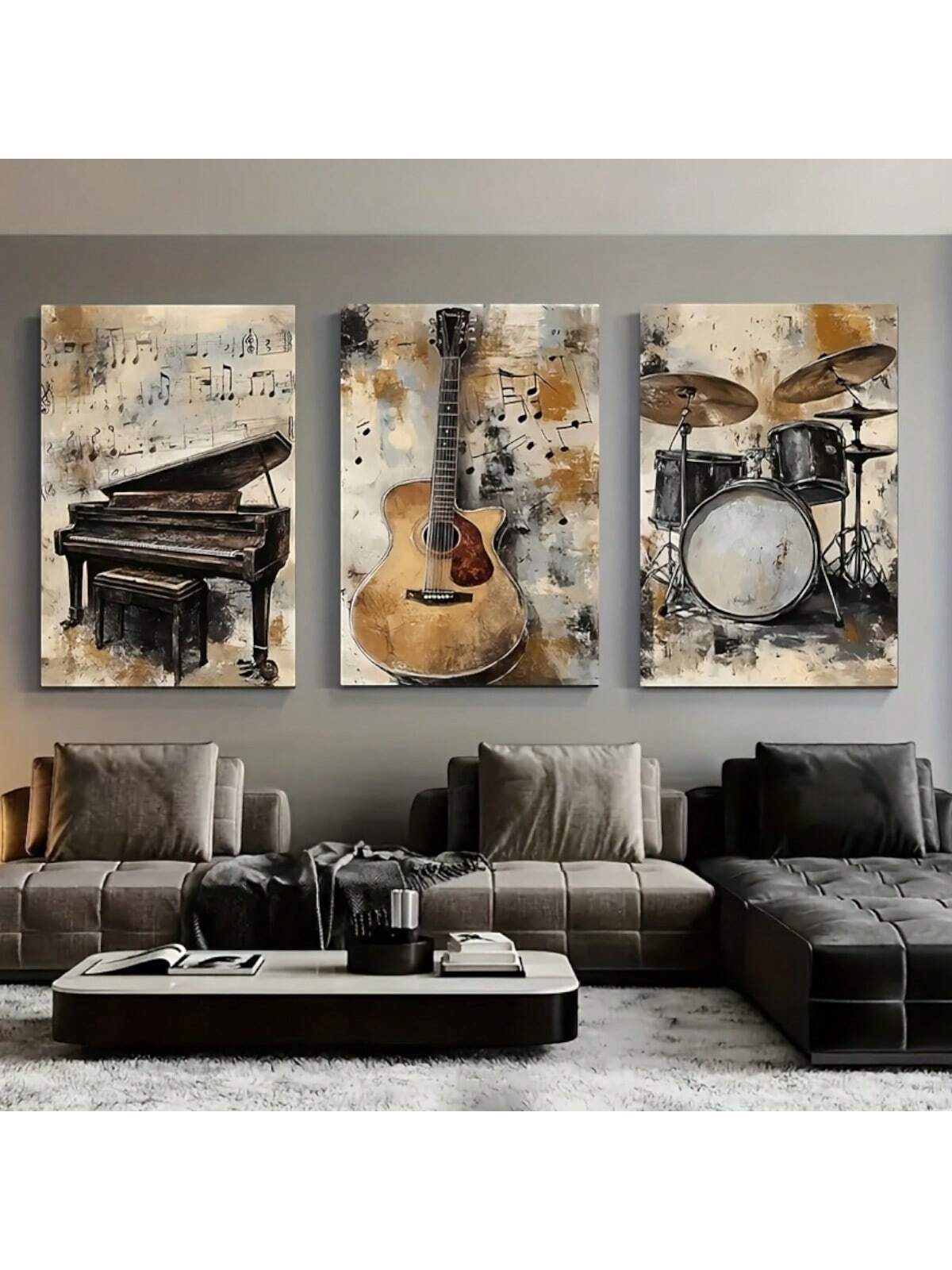 3-Piece Retro Instrument Wall Art Set - Vintage Guitar, Piano & Drums ...