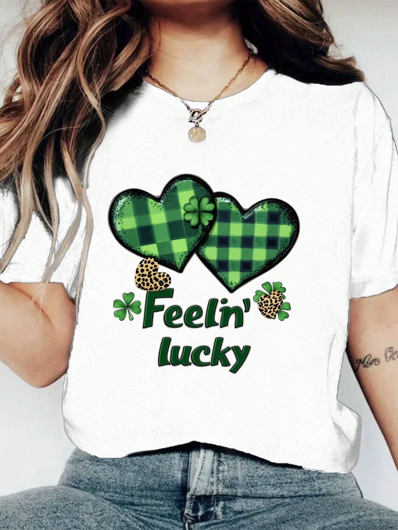 Chic Lucky Print Crew Neck T-Shirt - Lightweight & Breathable Fashion ...