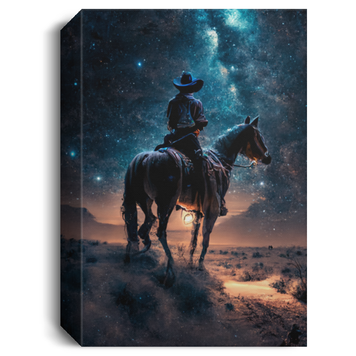 Western Cowboy Riding His Horse At Night, Under The Milky Way Galaxy O ...