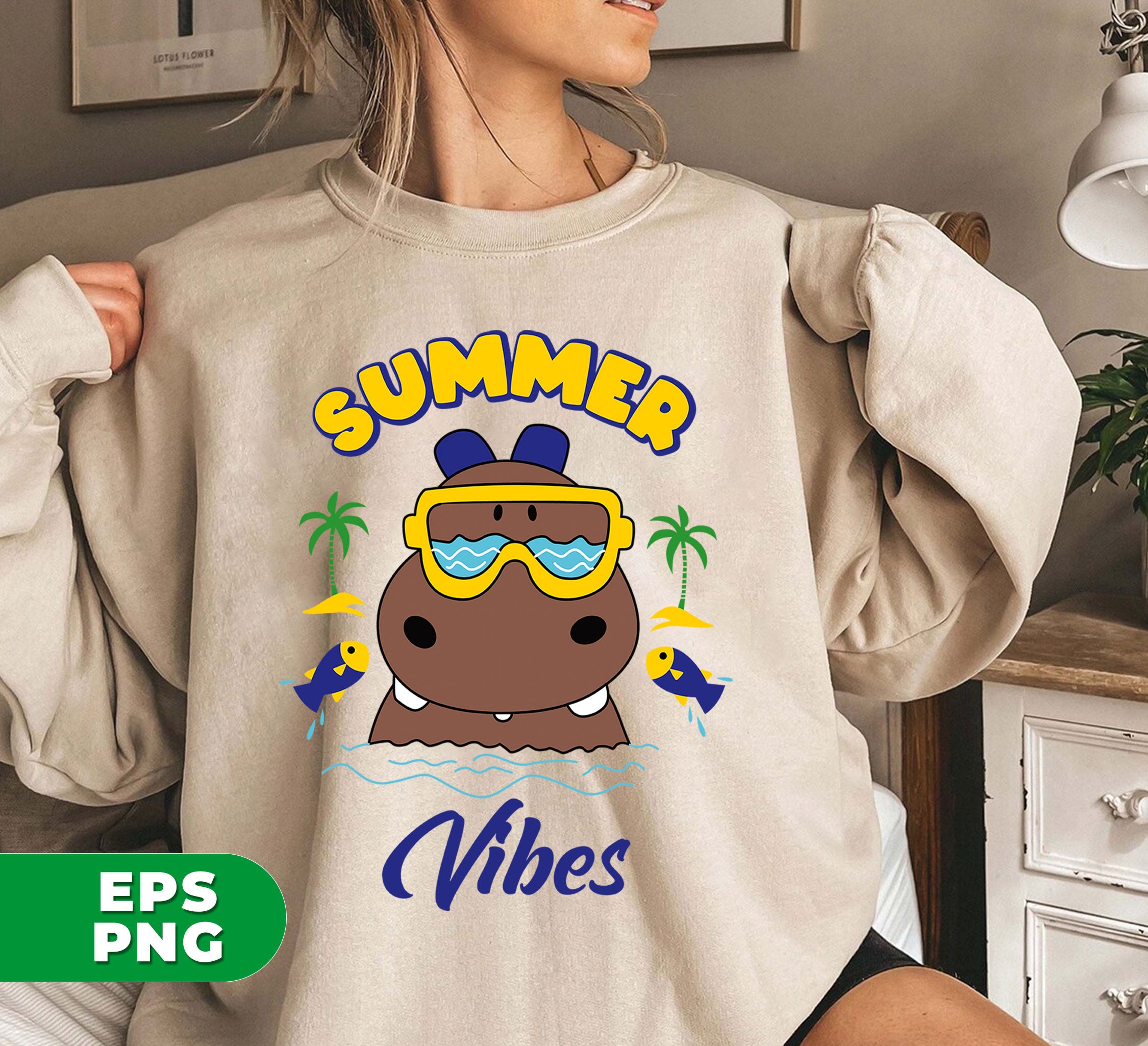 Summer Vibes, Hippo Summer, Hippo In Beach, Cute Hippo, Digital Files ...