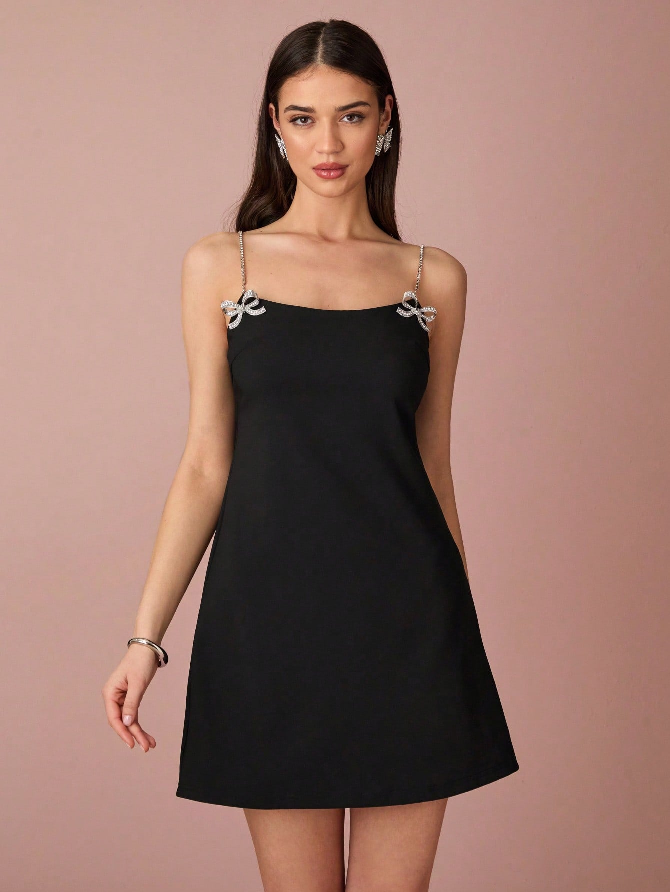 Women's Spring/Summer Black Mini Suspender Dress with a Cute Rhineston ...