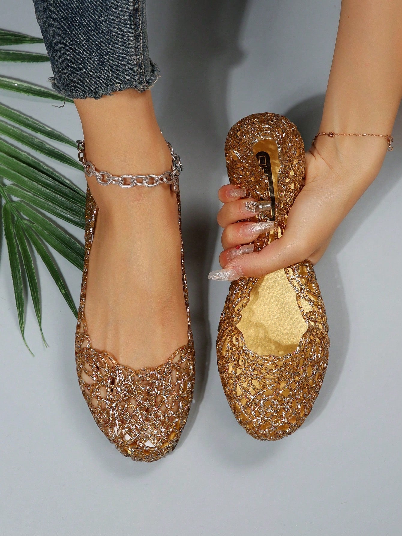 Sparkling Gold Rhinestone Ballet Flats - Add Glamour to Your Outfit ...