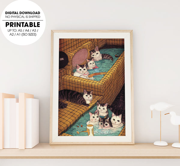 Quirky Underground Comic Style Illustration, Bath House Onsen Cats, Po