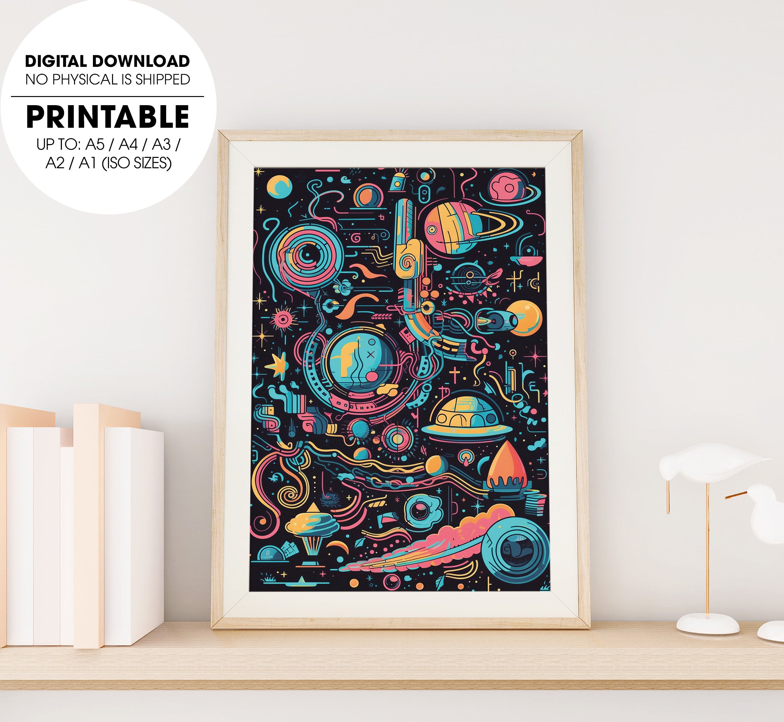 Abstract Space Cosmos Galaxies, Neon Colors, Geometric Shapes, Poster ...