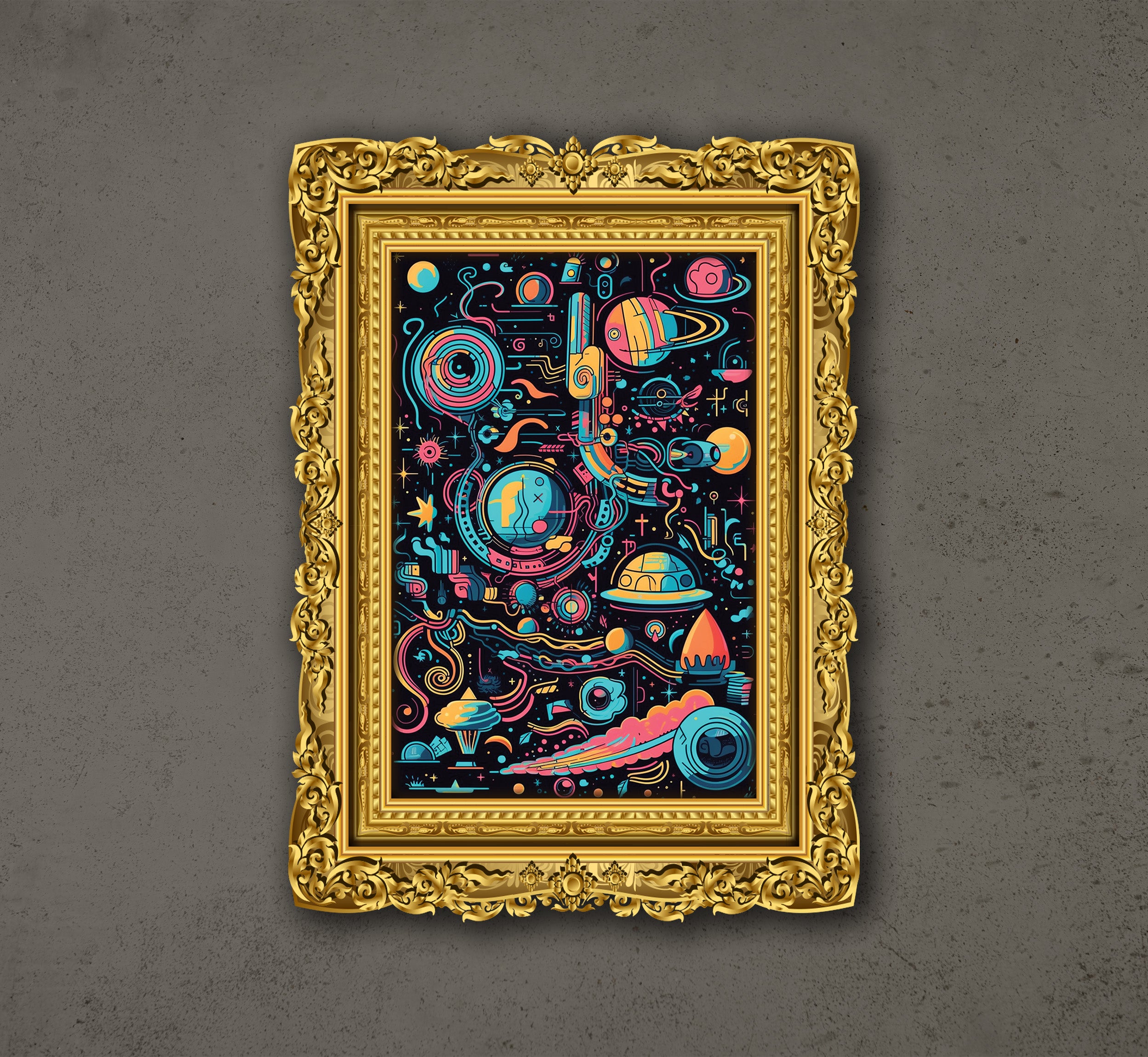 Abstract Space Cosmos Galaxies, Neon Colors, Geometric Shapes, Poster ...