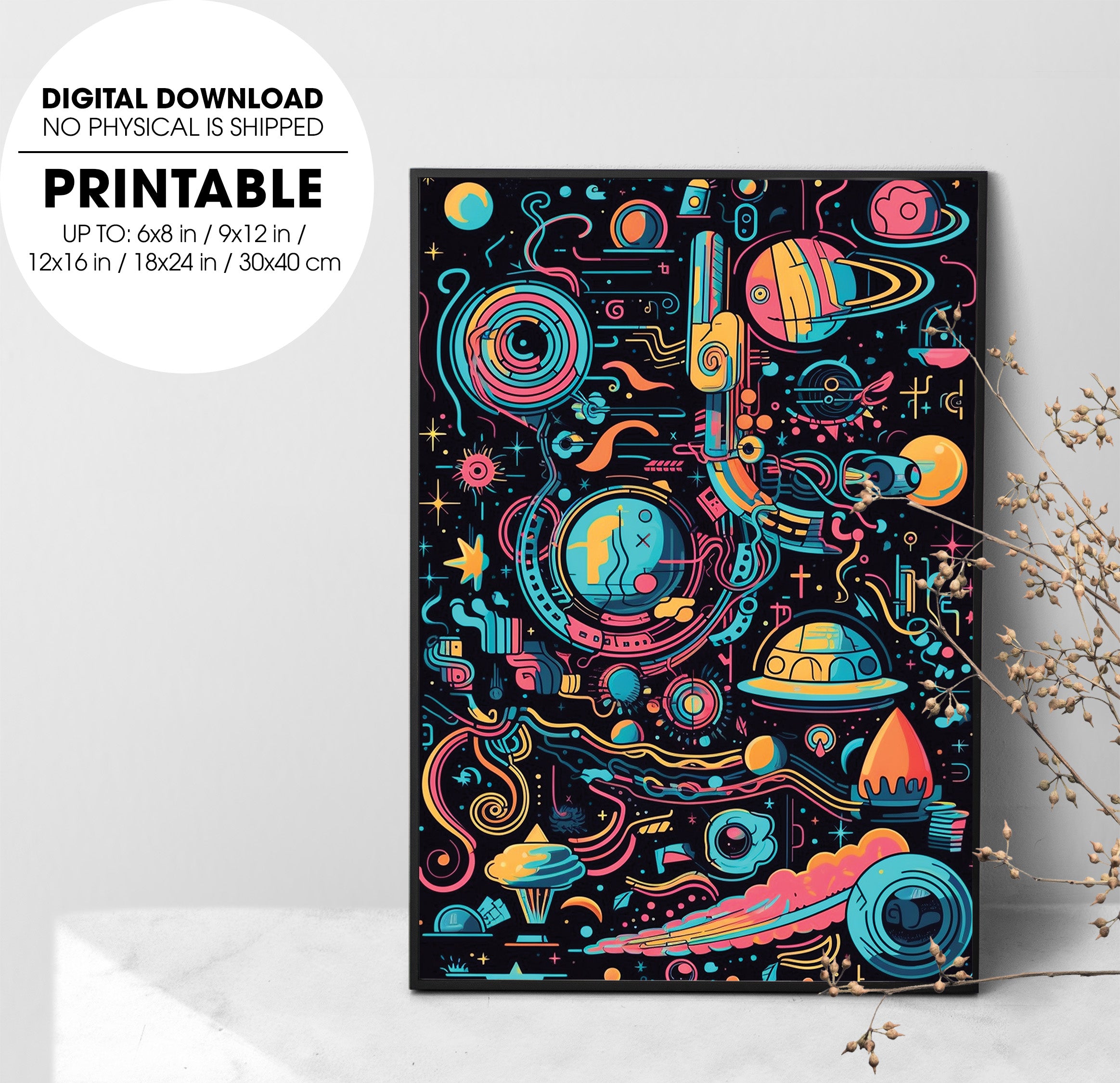 Abstract Space Cosmos Galaxies, Neon Colors, Geometric Shapes, Poster ...