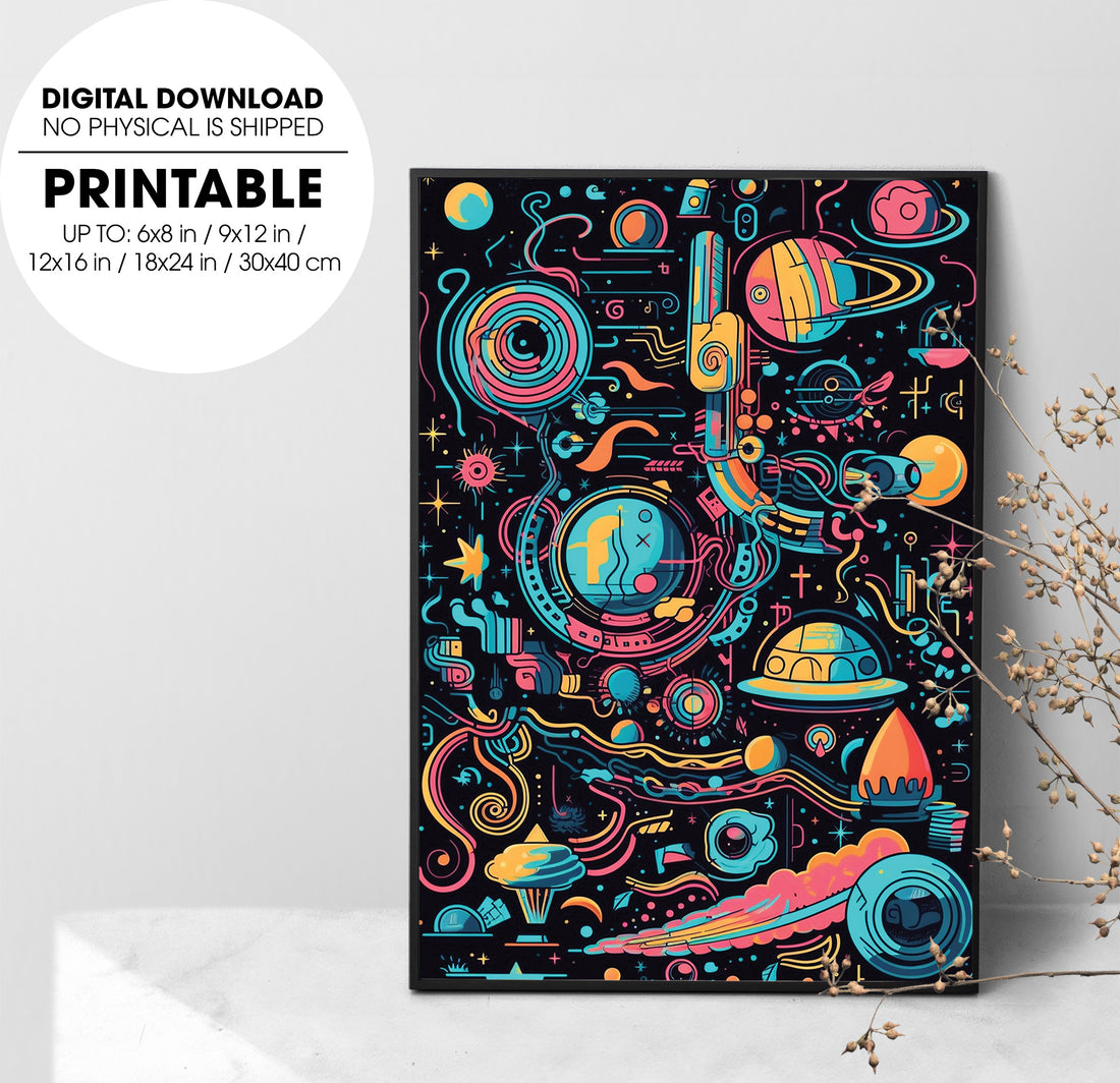 Abstract Space Cosmos Galaxies, Neon Colors, Geometric Shapes, Poster ...