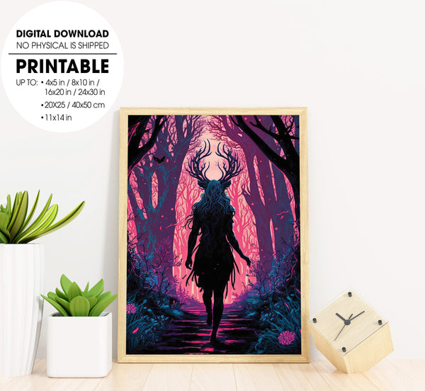 Dusky Hued Lady Satan Walking Through Psychedelic Forest, Poster Desig