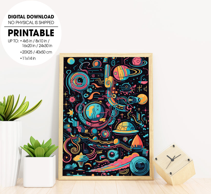 Abstract Space Cosmos Galaxies, Neon Colors, Geometric Shapes, Poster ...