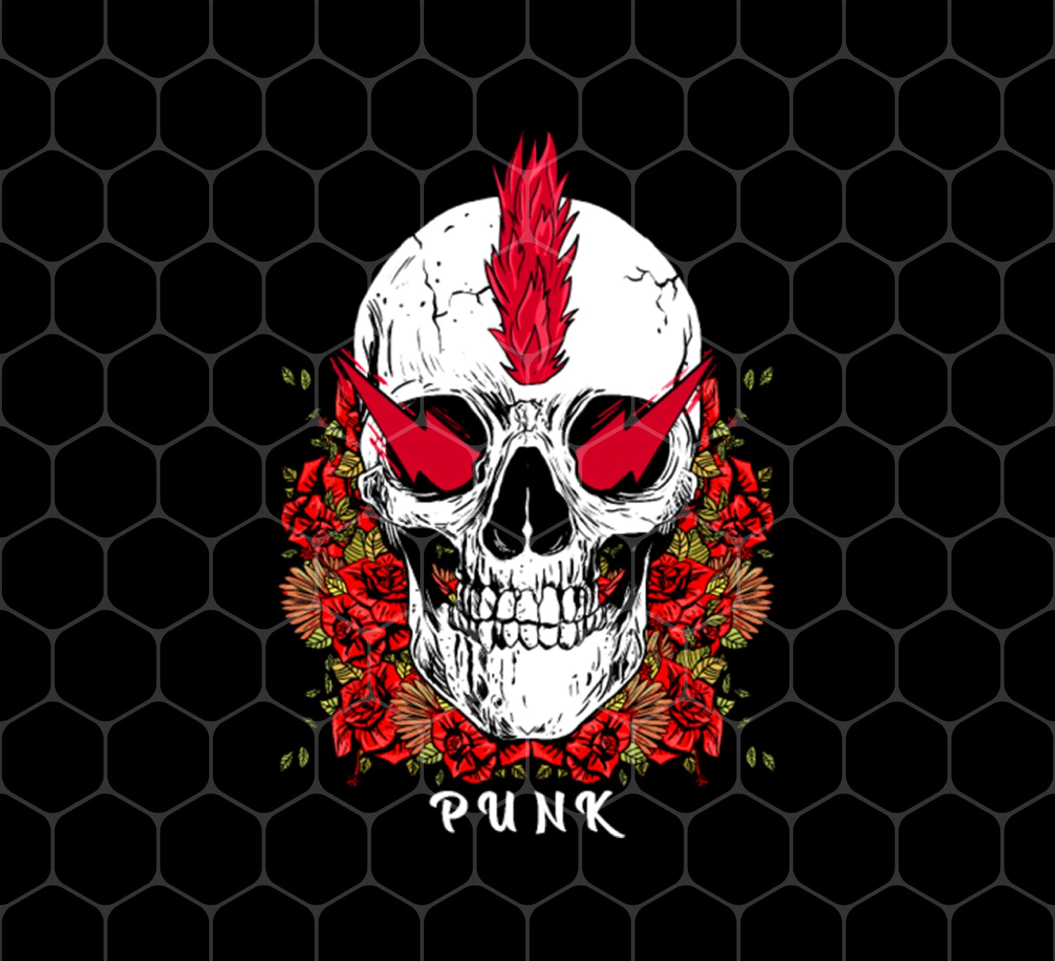 Punk Skull, With Red Punky Hair, With Roses Behind, Png Printable, Dig ...